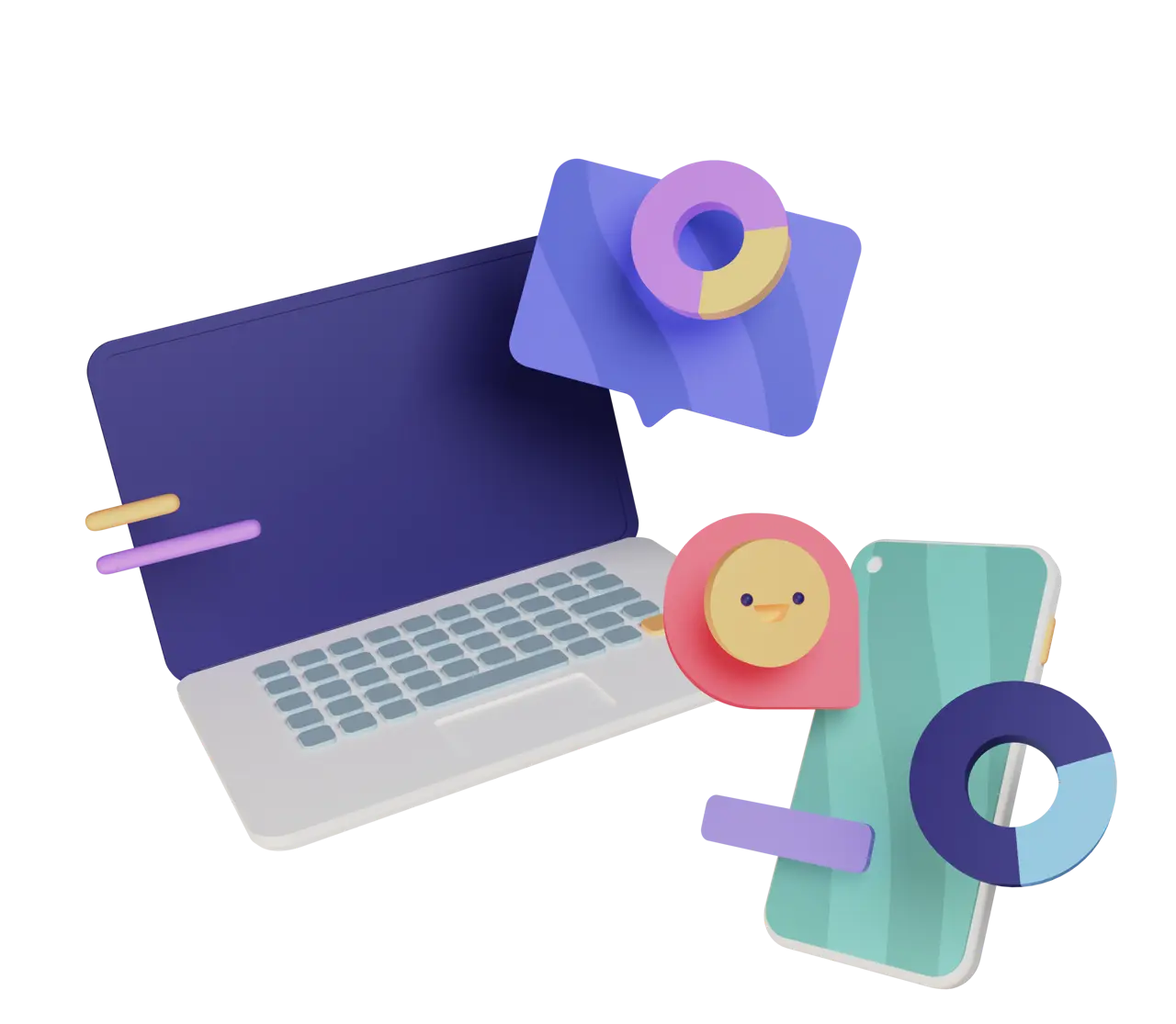 Infografika prenosného počítača a smartfónu, okolo ktorých sa vznášajú ...